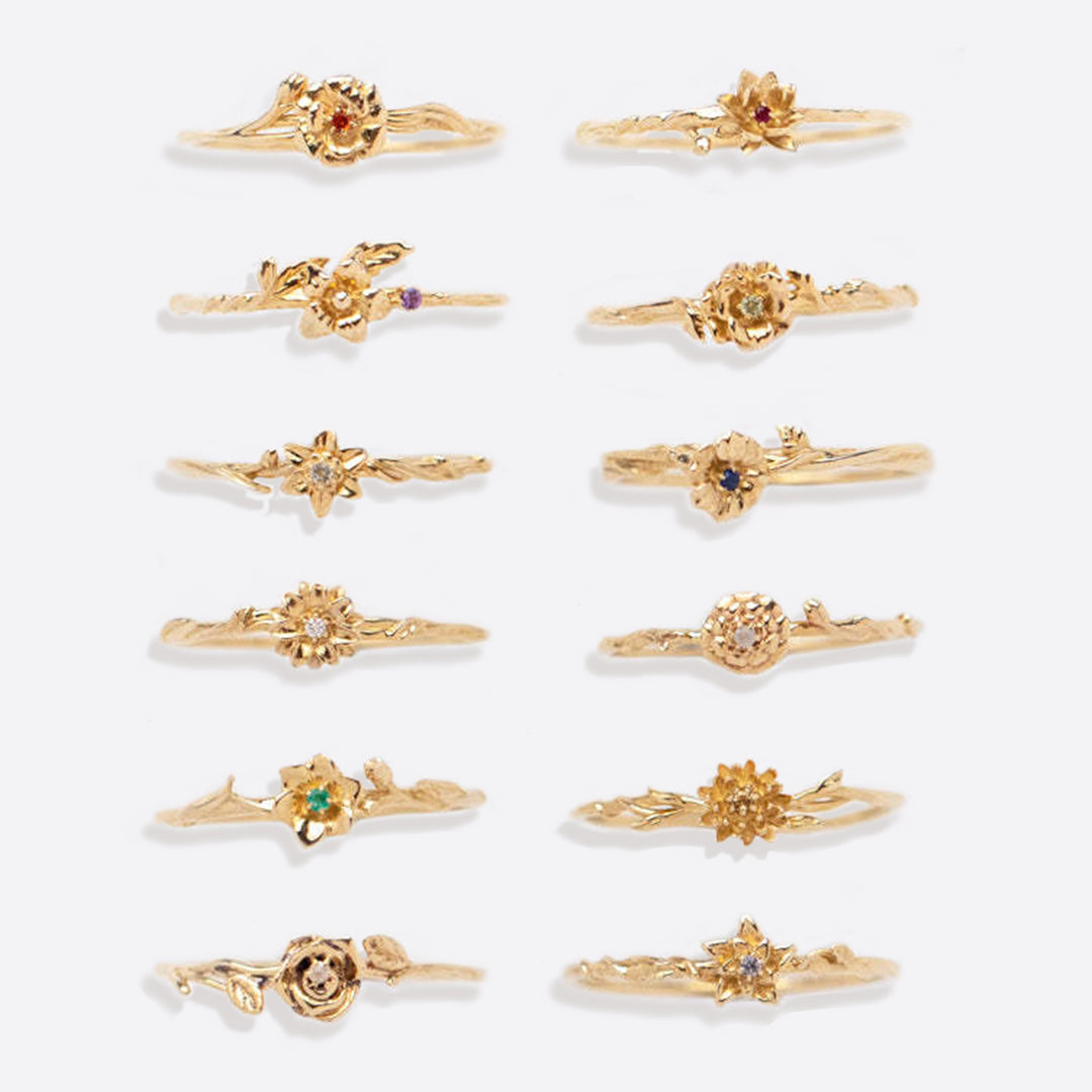 Dainty Gold Birth Flower Ring – Mint & Lily