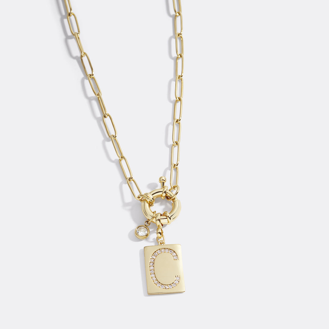 Pave Initial Pendant Necklace with Paperclip Chain – Mint & Lily
